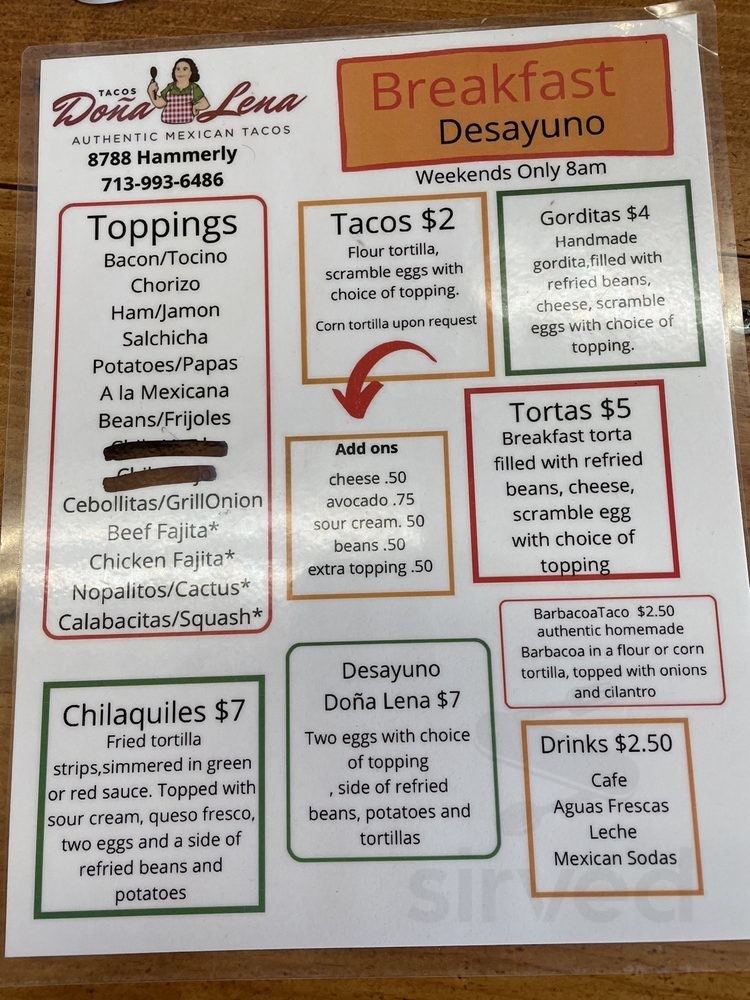 Tacos Doña Lena menu in Houston, Texas, USA