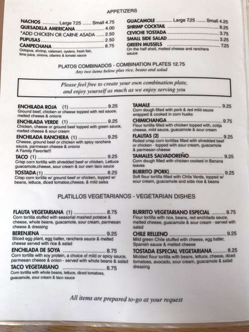 Casa Mañana Restaurant menu in San Rafael, California, USA