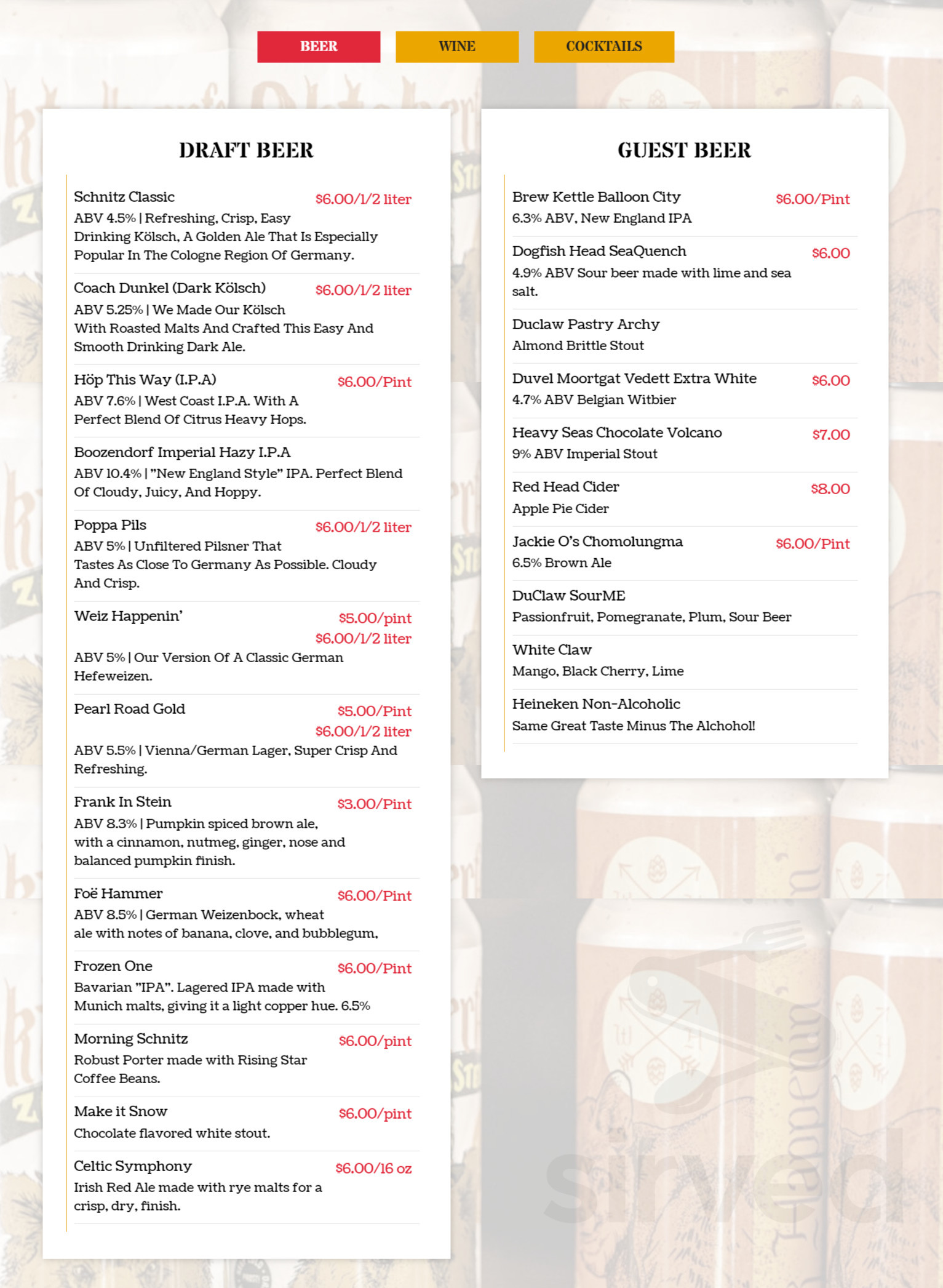 Menu for Schnitz Ale Brewery in Parma, OH | Sirved