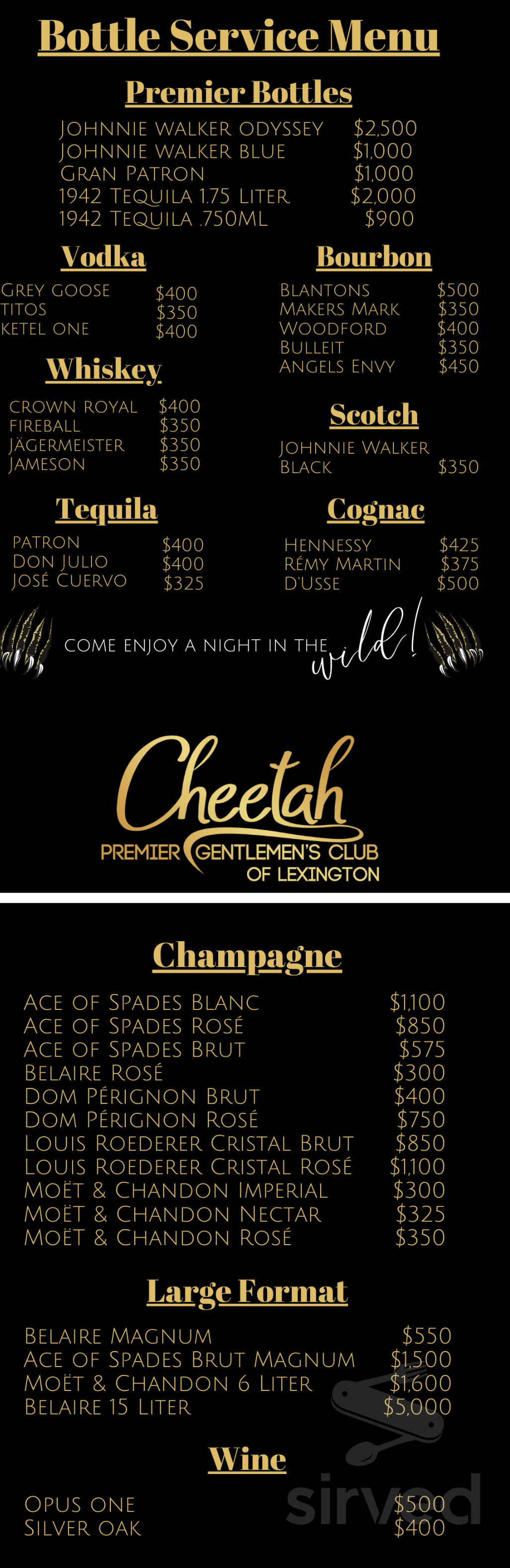 Menu for Cheetah Premier Gentlemen's Club of Lexington in Lexington, KY ...