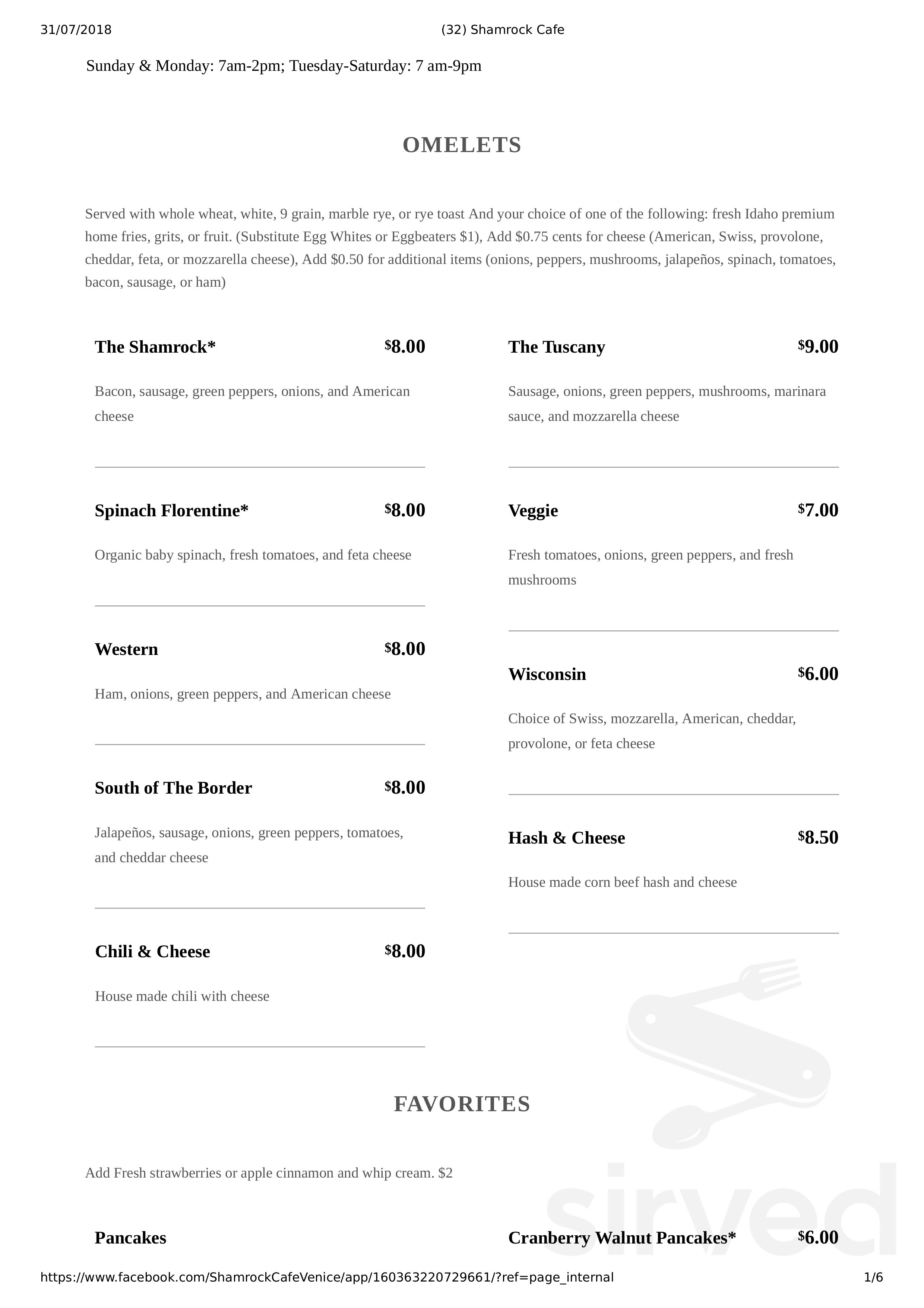 Shamrock Cafe menu in Venice, Florida, USA