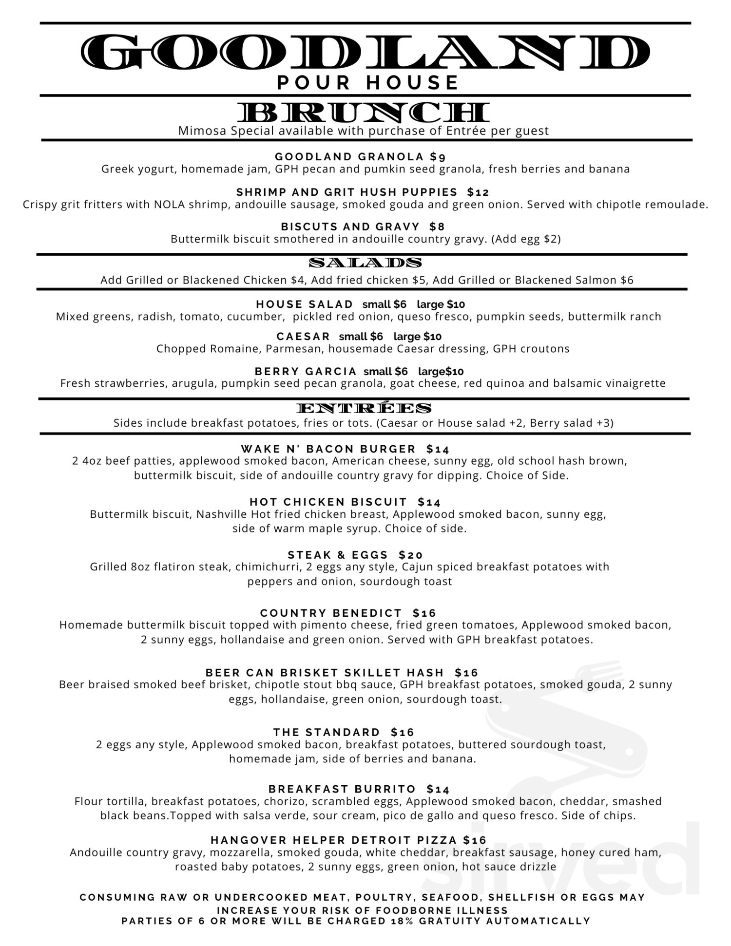 Goodland Pour House menu in Madison, Alabama, USA
