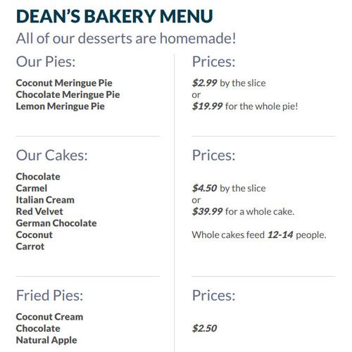 Dean's Restaurant & Bakery Oak Ridge menu in Oak Ridge, Tennessee, USA