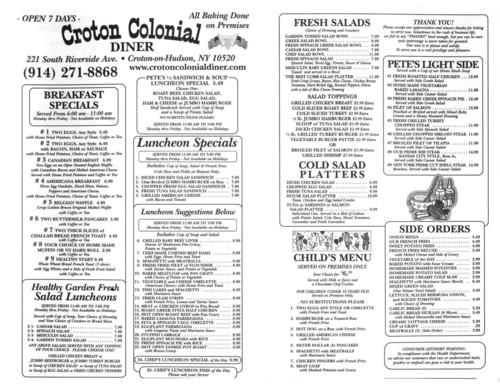 Croton Colonial menu in Croton-On-Hudson, New York, USA