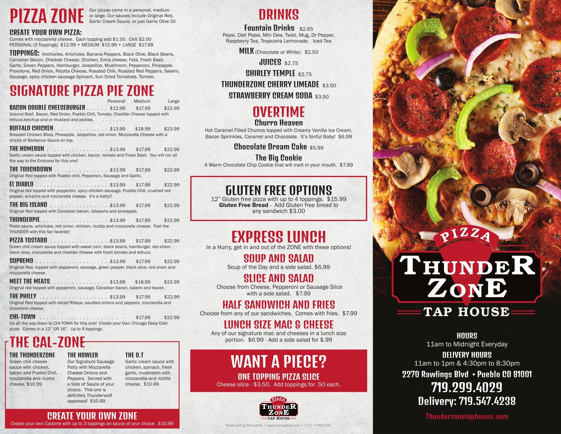 ThunderZone Pizza and Tap House menu in Pueblo, Colorado, USA