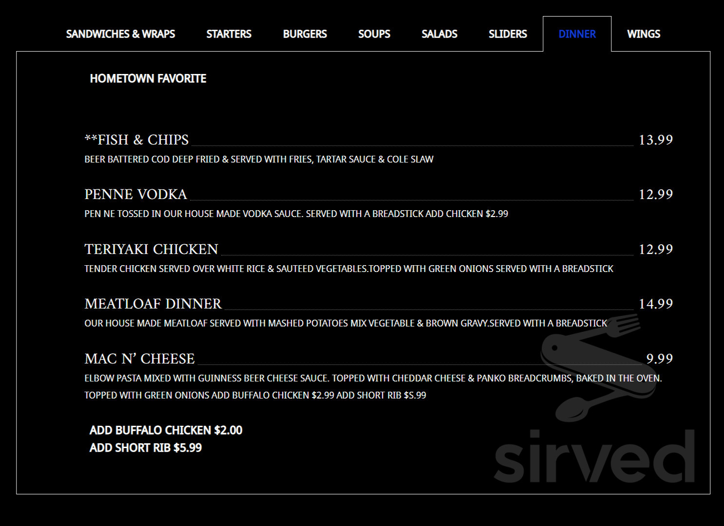 Menu for Tavern 12 in Warwick, Rhode Island, United States