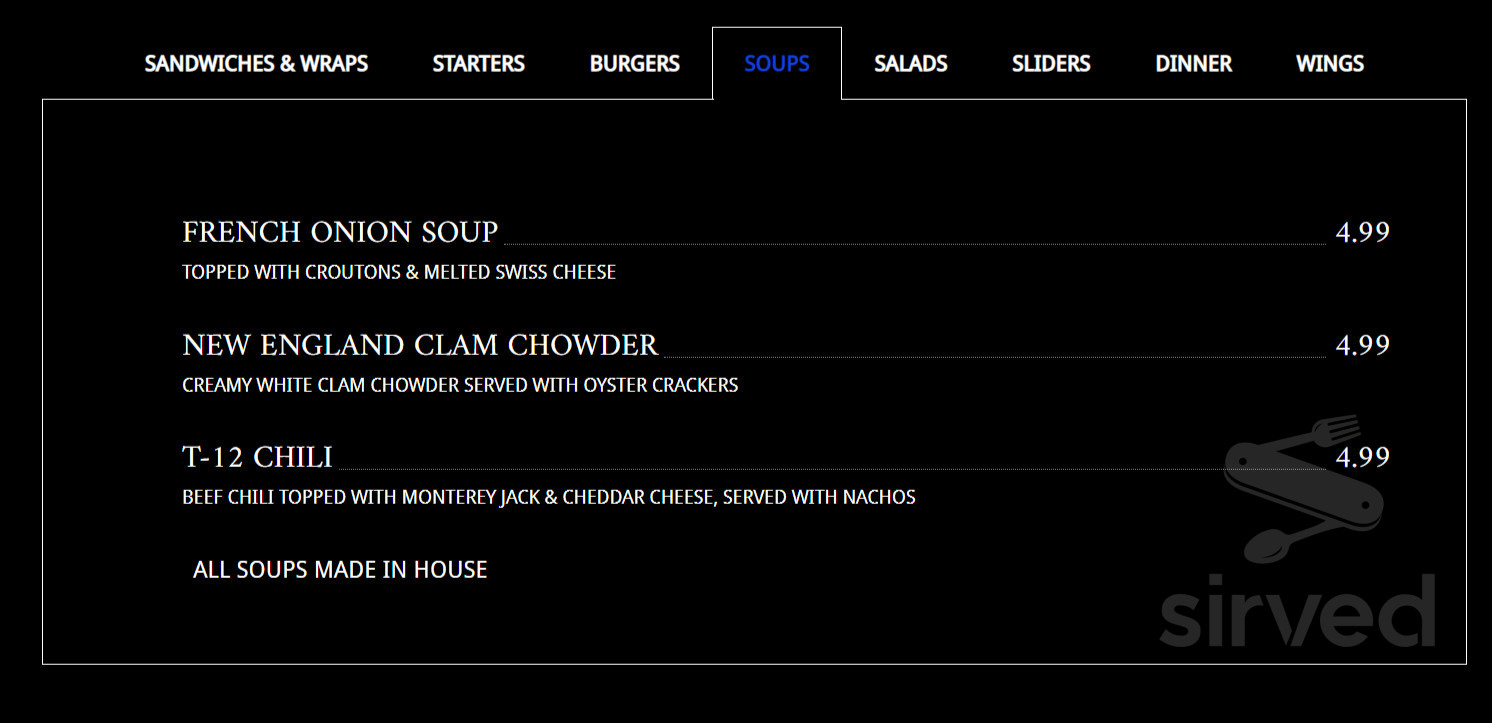 Menu for Tavern 12 in Warwick, Rhode Island, United States