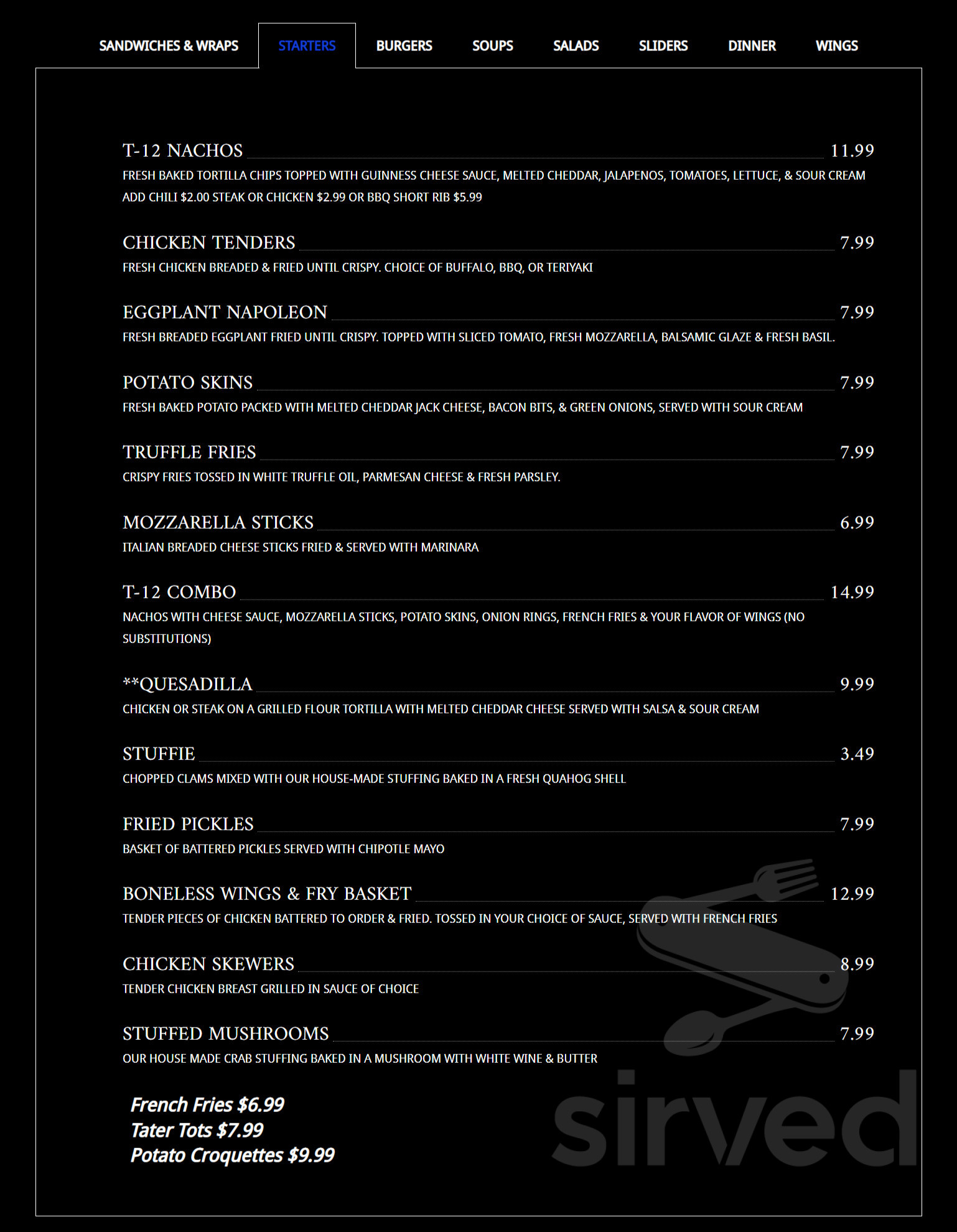 Menu for Tavern 12 in Warwick, Rhode Island, United States
