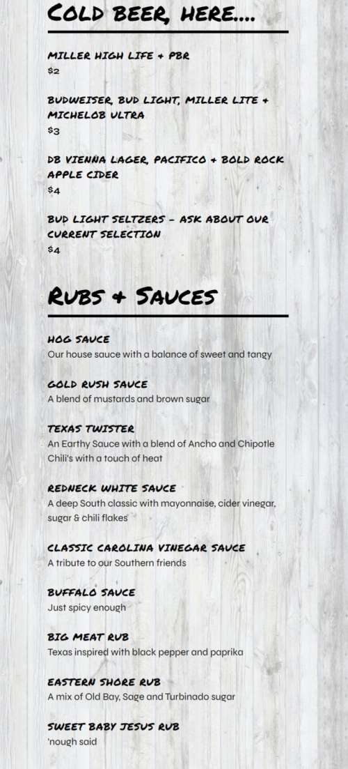 Hog Shack Bar-B-Q menu in Manassas, Virginia, USA