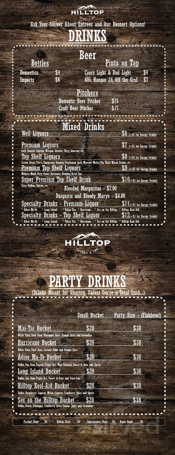 Menu for Hilltop Tavern and Inn in Apple Valley, CA | Sirved