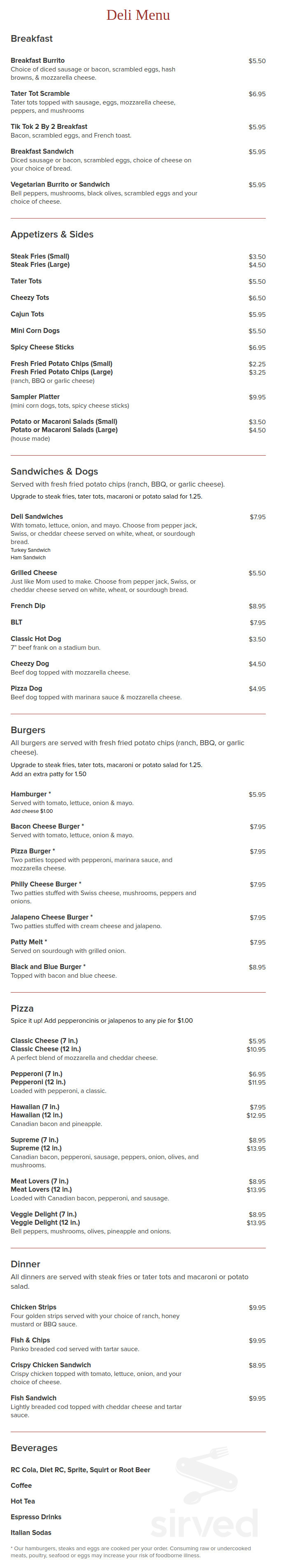 Tik Tok Deli and Lounge menu in Portland, Oregon, USA