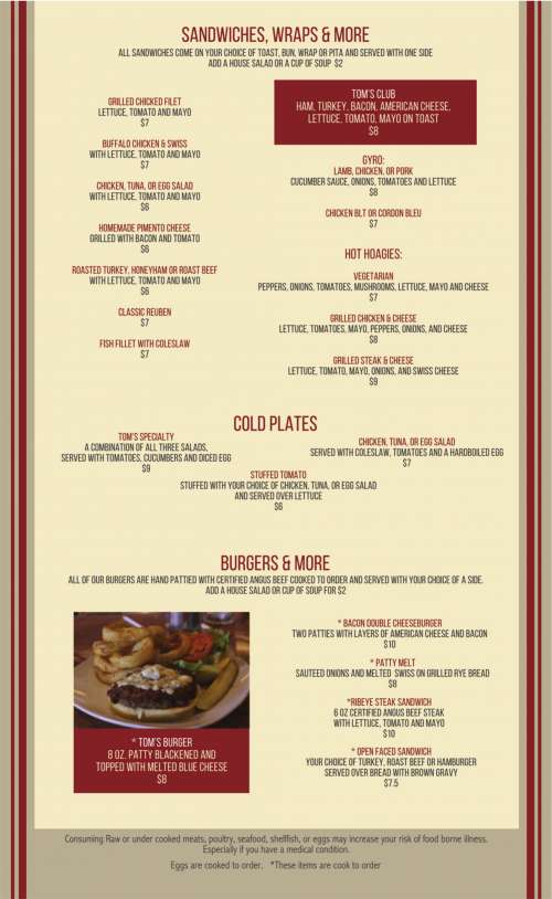 Tom's Place menu in High Point, North Carolina, USA