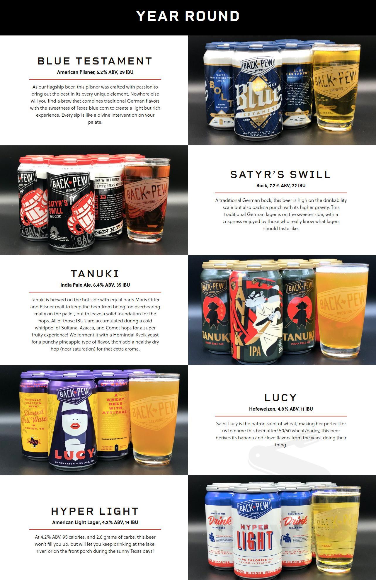 Back Pew Brewing Company menu in Porter, Texas, USA