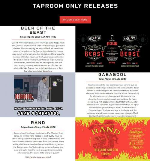 Back Pew Brewing Company menu in Porter, Texas, USA