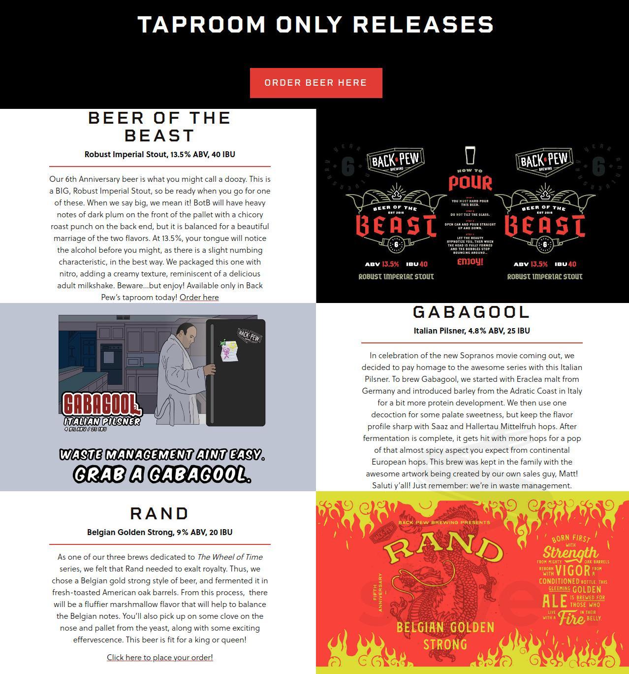 Back Pew Brewing Company menu in Porter, Texas, USA