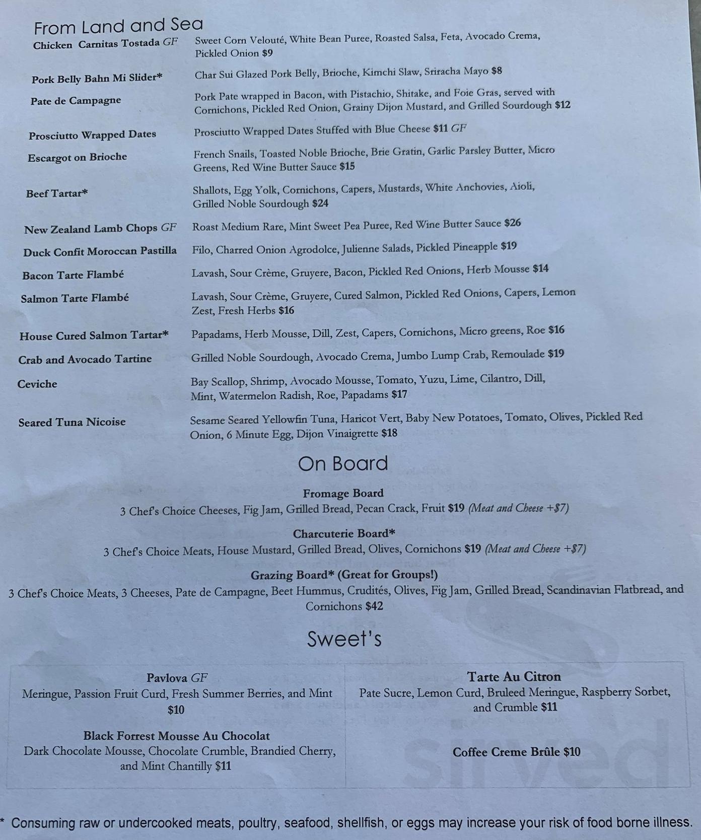 The Mick Brasserie menu in Scottsdale, Arizona, USA