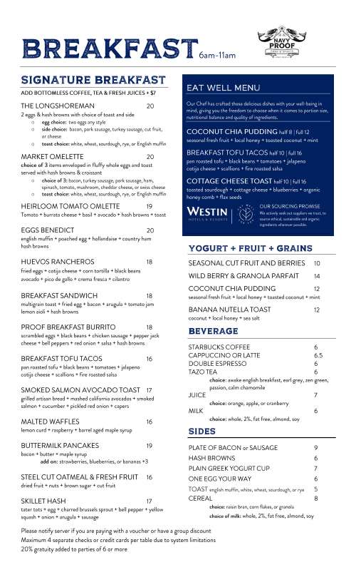 Navy Proof Food & Spirits menu in Long Beach, California, USA