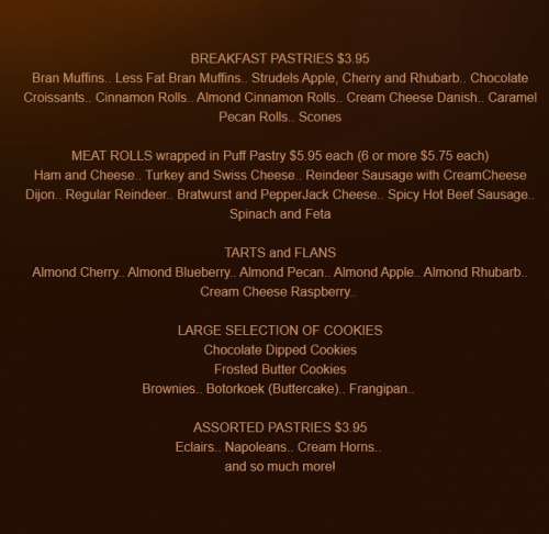 Flying Dutchman European Pastry Shop menu in Anchorage, Alaska, USA