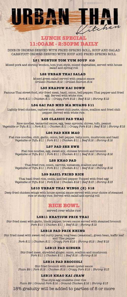 Urban Thai Kitchen menu in Katy, Texas, USA