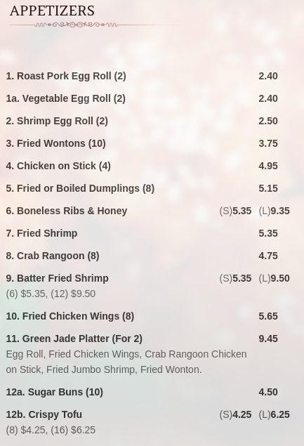 Green Jade menu in Champaign, Illinois, USA