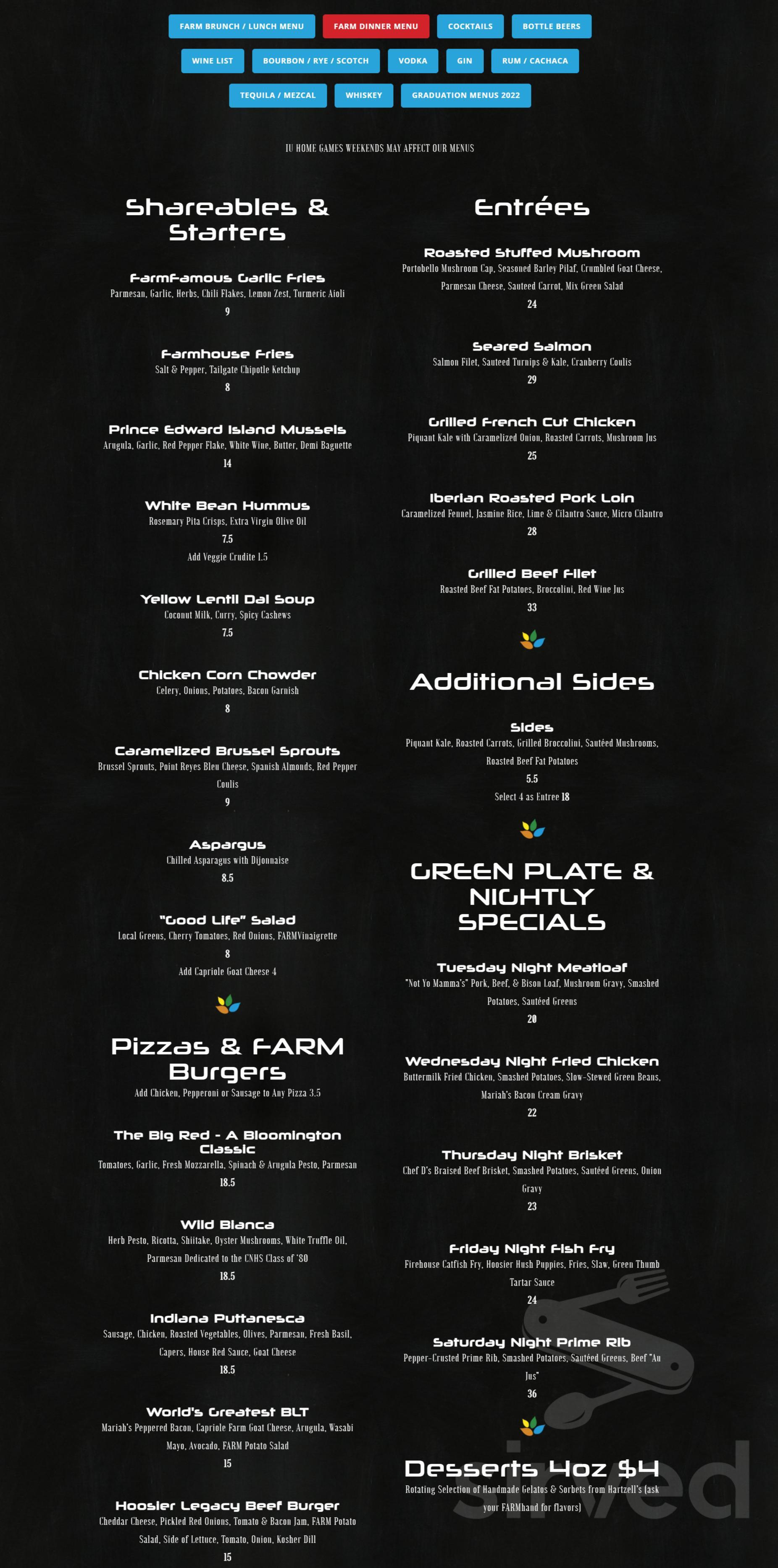 Menu - Bloomington IN's FARMbloomington | Sirved