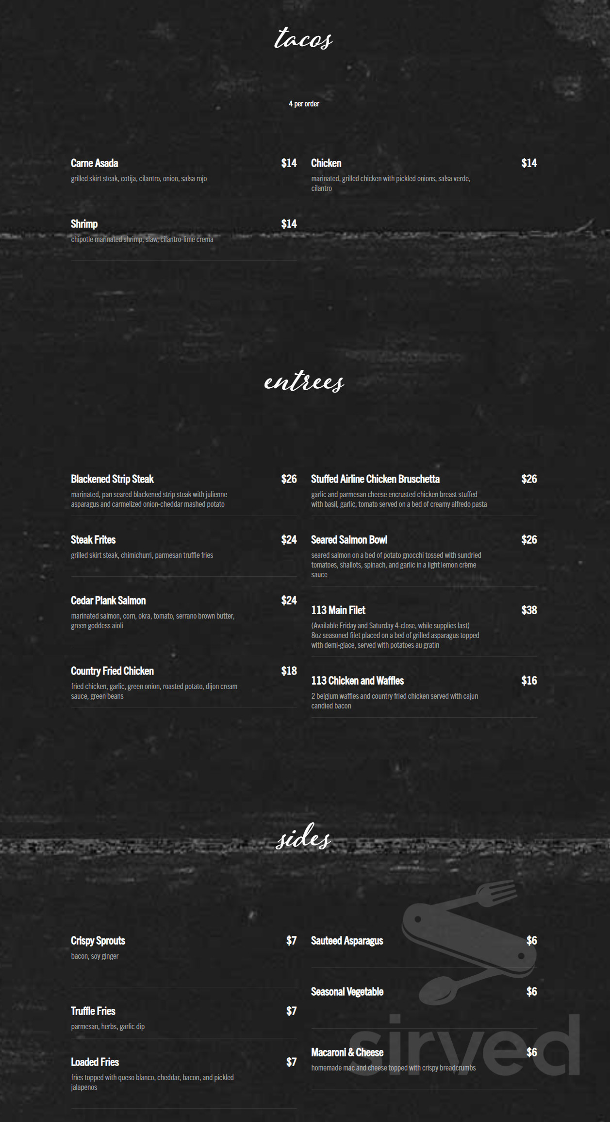 Menu - Oswego IL's 113 Main | Sirved