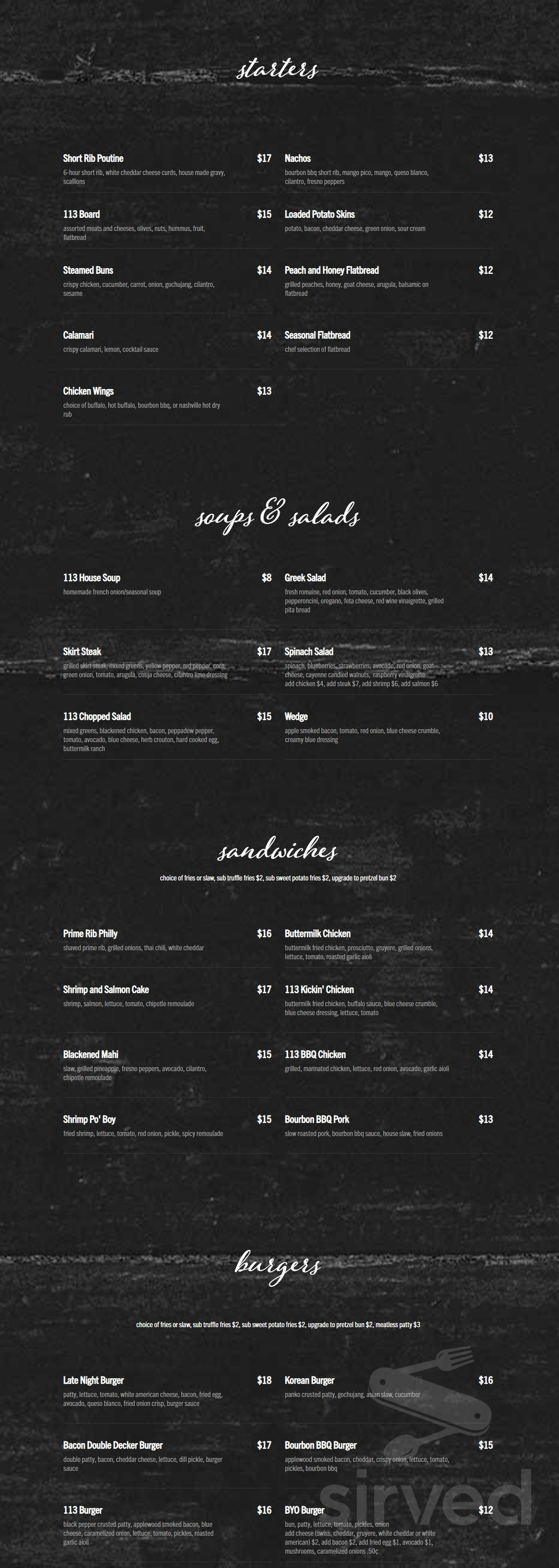 Menu - Oswego IL's 113 Main | Sirved