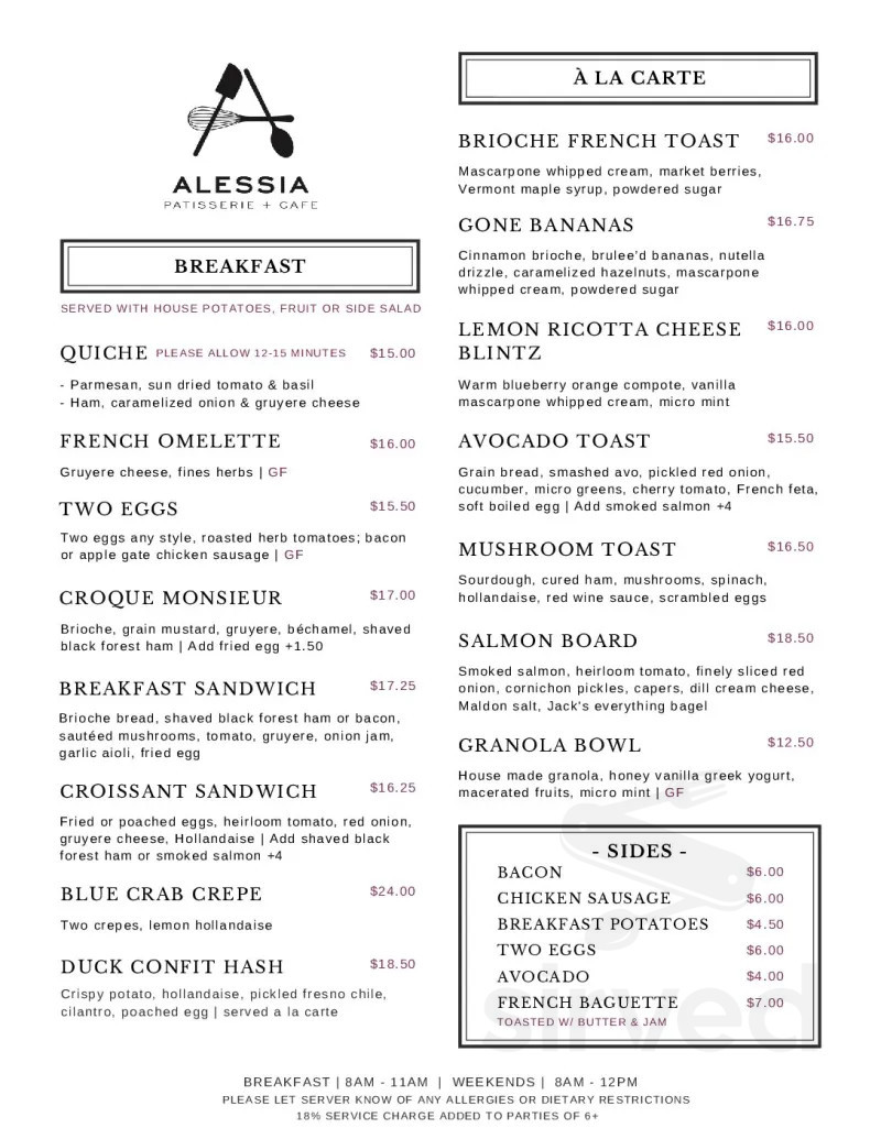 ALESSIA Patisserie and Cafe menu in Santa Barbara, California, USA