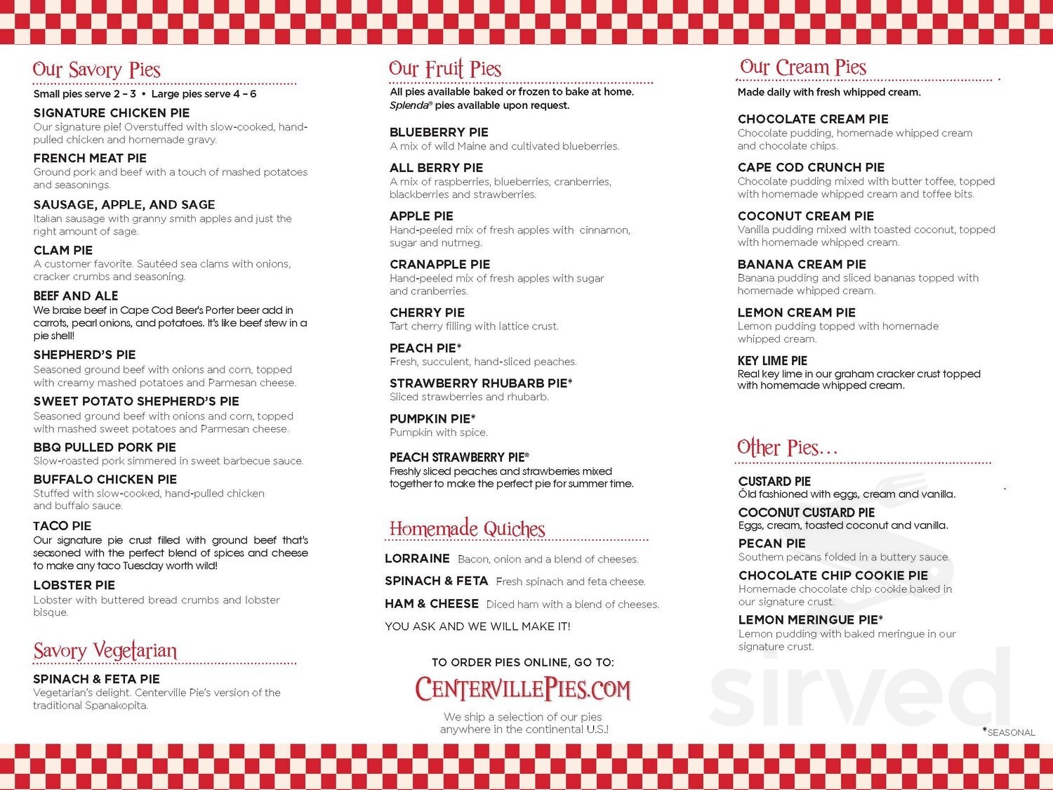 Menu for Centerville Pie Company in Centerville, MA | Sirved