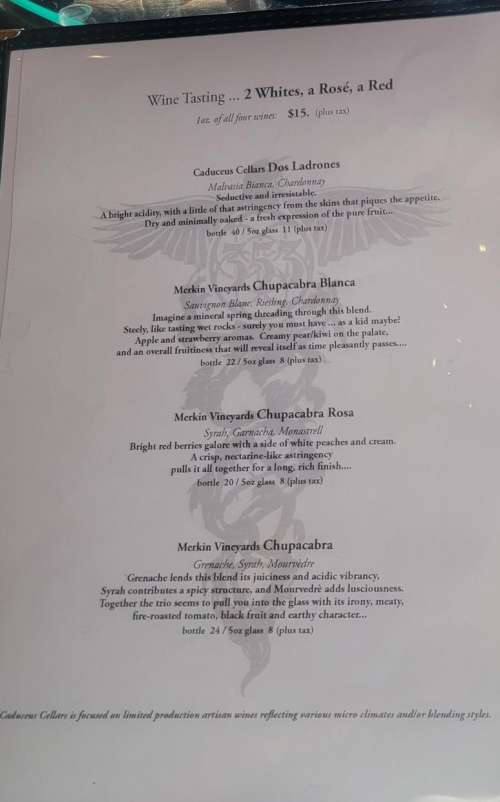 Caduceus Cellars and Merkin Vineyards Tasting Room menu in Jerome ...