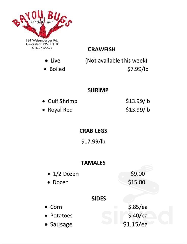 Menu for Bayou Bugs in Madison, MS | Sirved