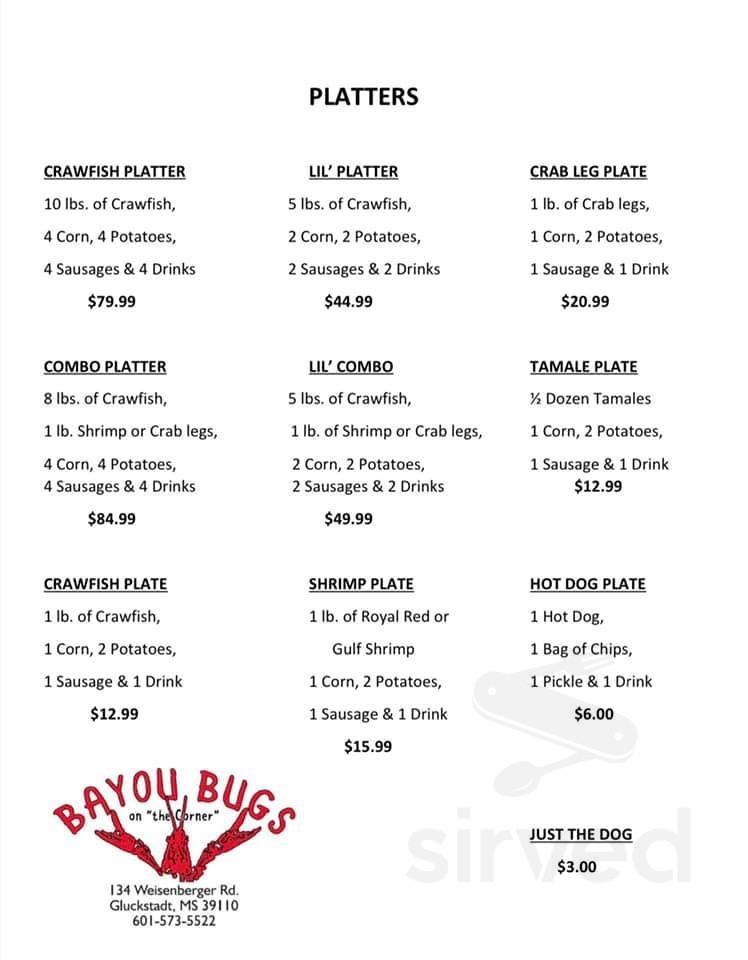 Bayou Bugs menu in Madison, Mississippi, USA