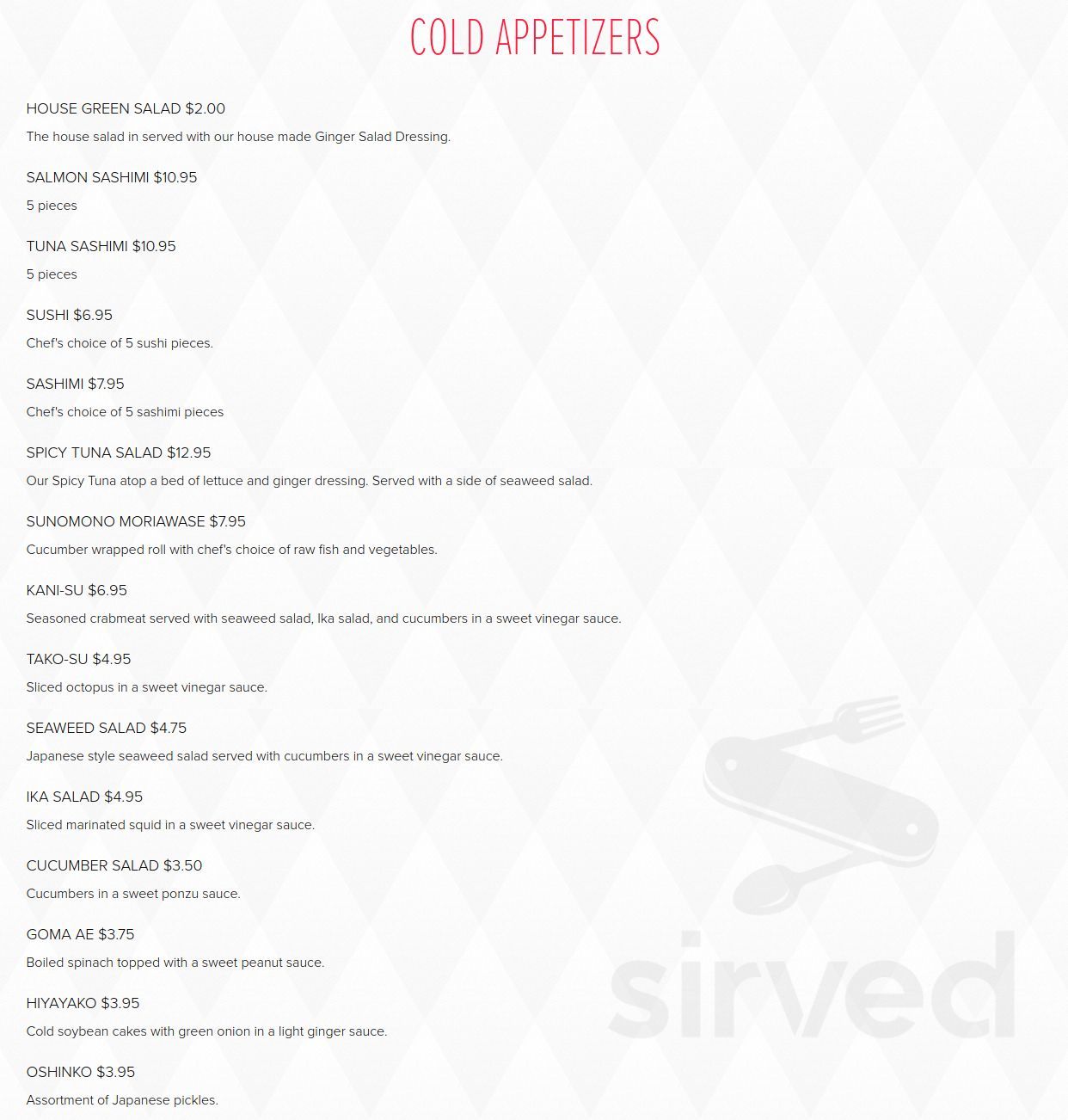 Hanabi Japanese Restaurant menu in Buffalo Grove, Illinois, USA