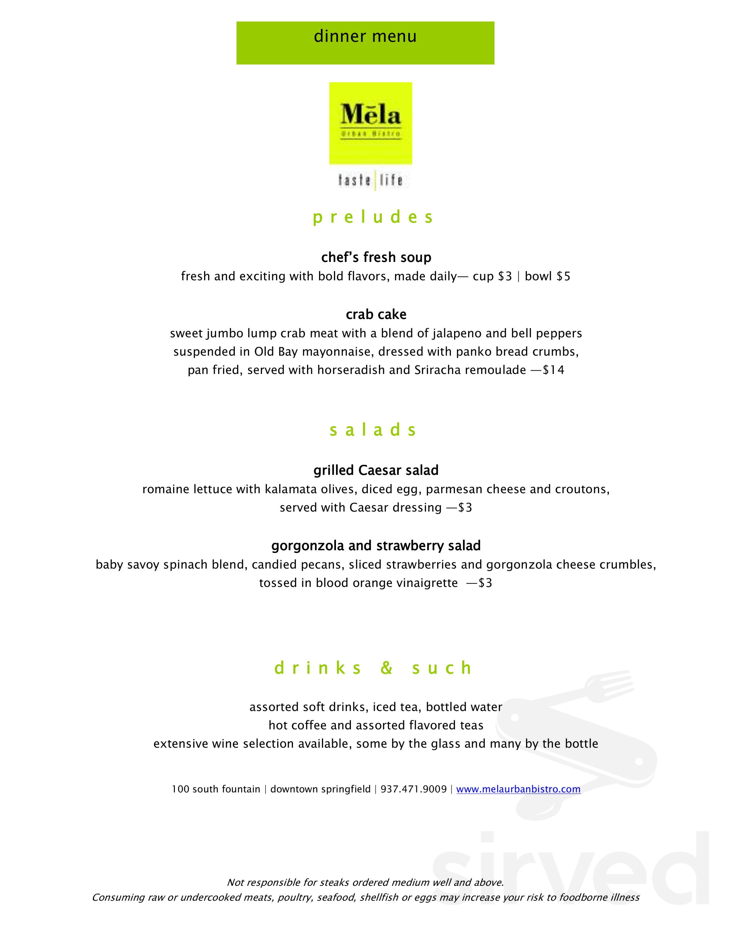 Mela Urban Bistro menu in Springfield, Ohio, USA