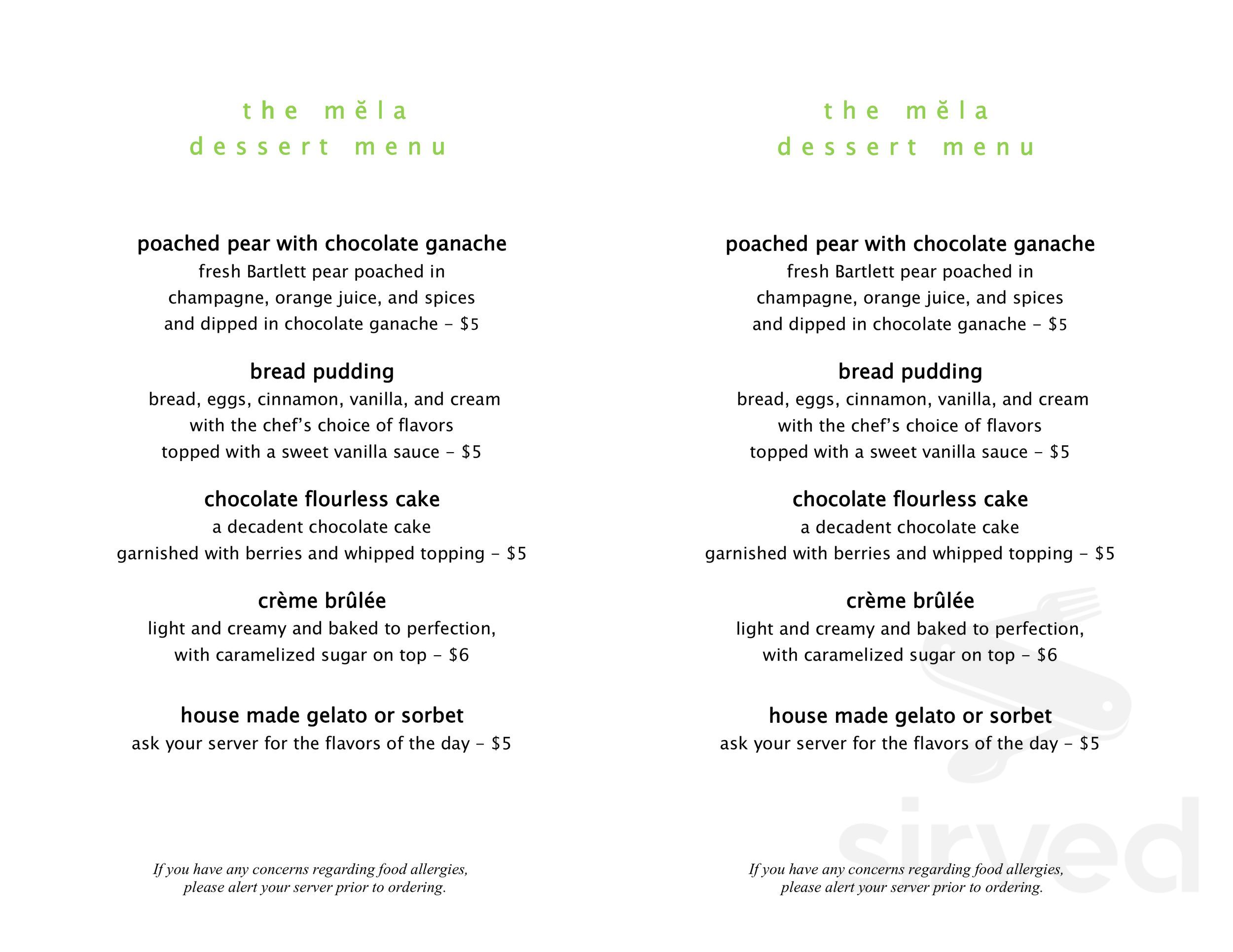 Mela Urban Bistro menu in Springfield, Ohio, USA