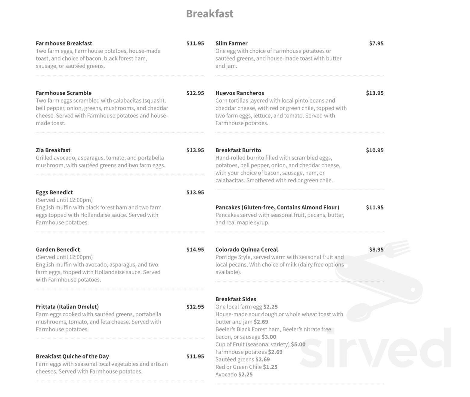 Farmhouse Cafe and Bakery menus in El Prado, New Mexico, United States