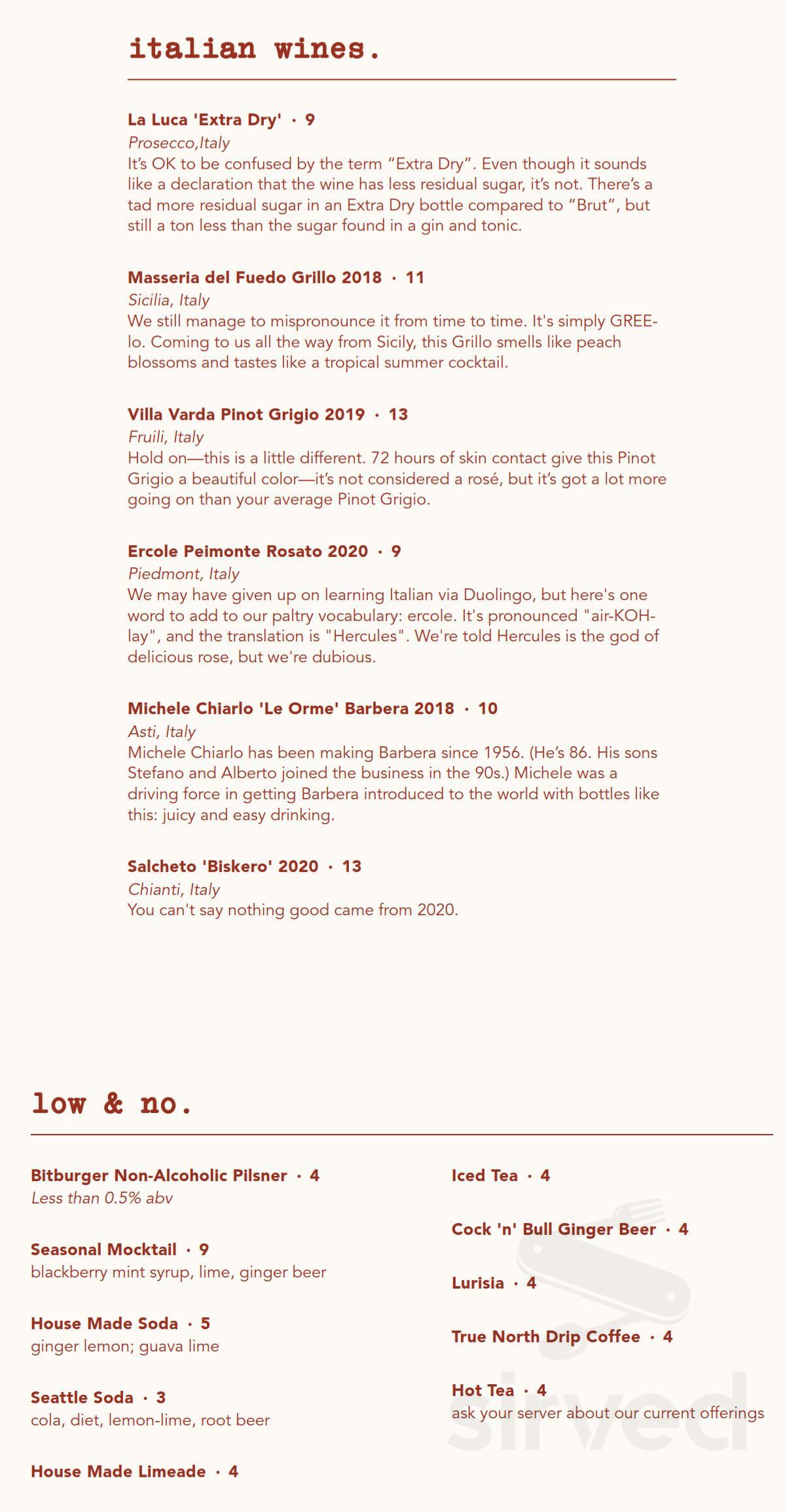 Fiasco menu in Seattle, Washington, USA