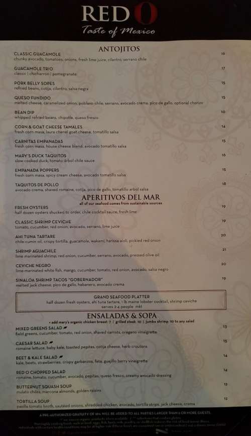 RED O RESTAURANT NEWPORT BEACH menu in Newport Beach, California, USA