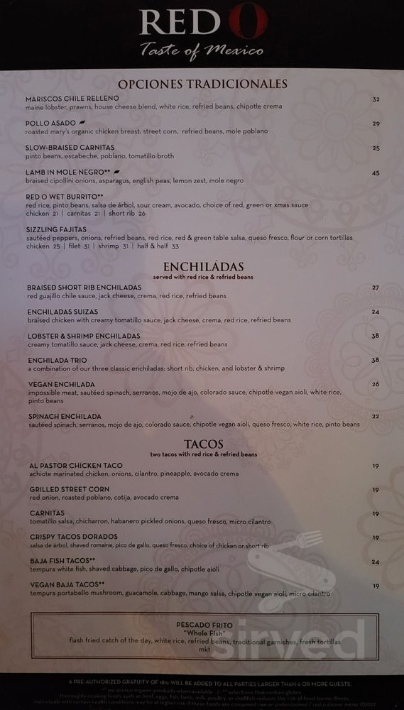 RED O RESTAURANT NEWPORT BEACH menu in Newport Beach, California, USA