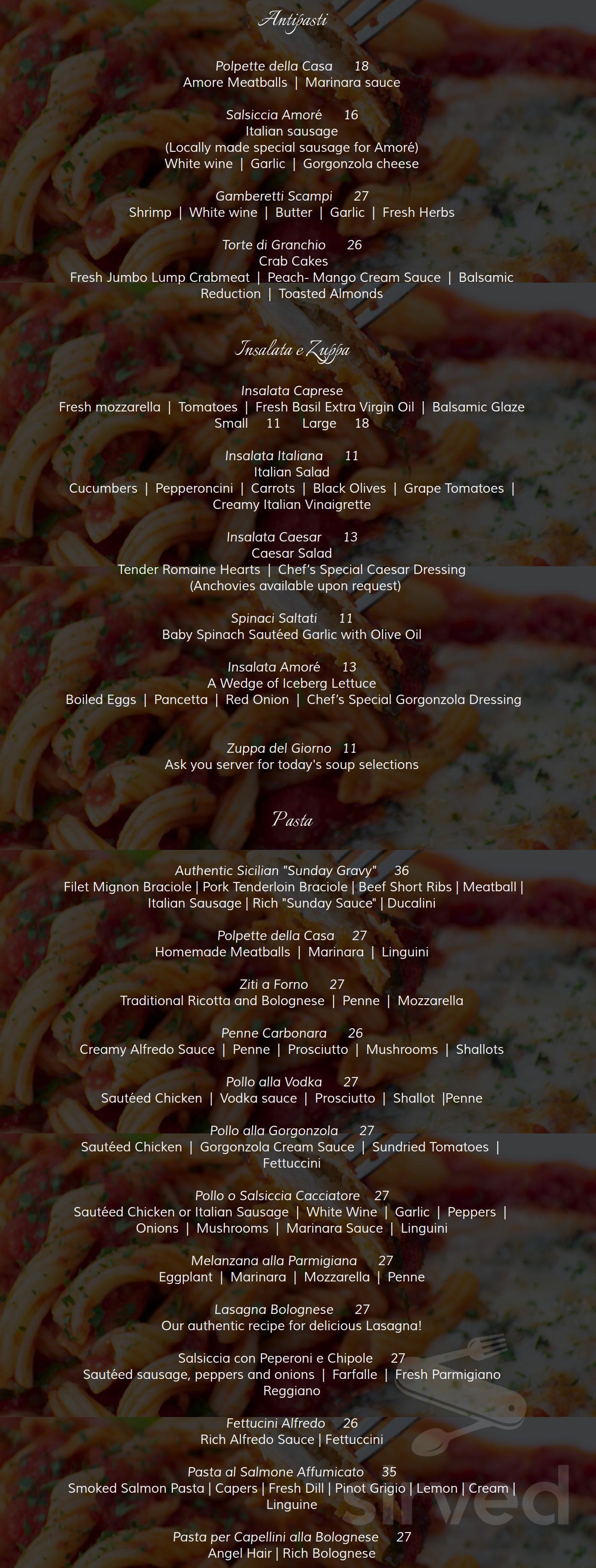 Menu - Birmingham AL's Amore Ristorante Italiano | Sirved
