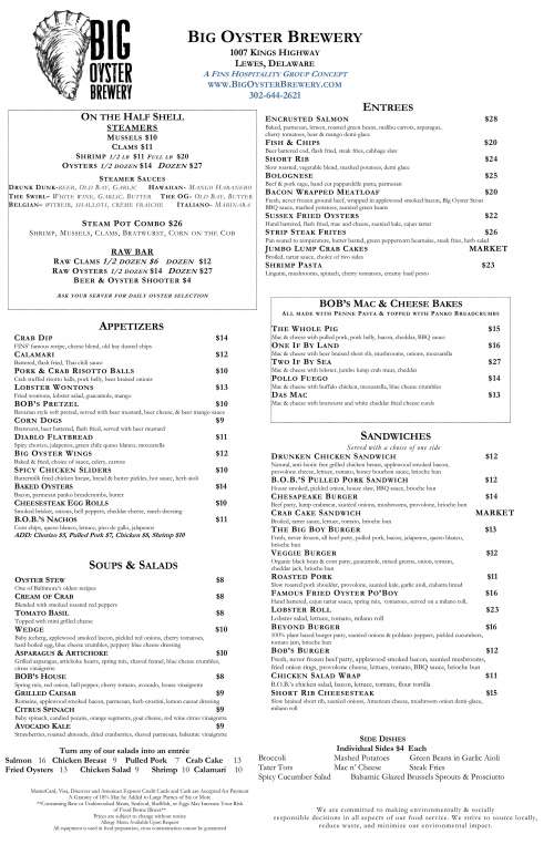 Big Oyster Brewery menu in Lewes, Delaware, USA