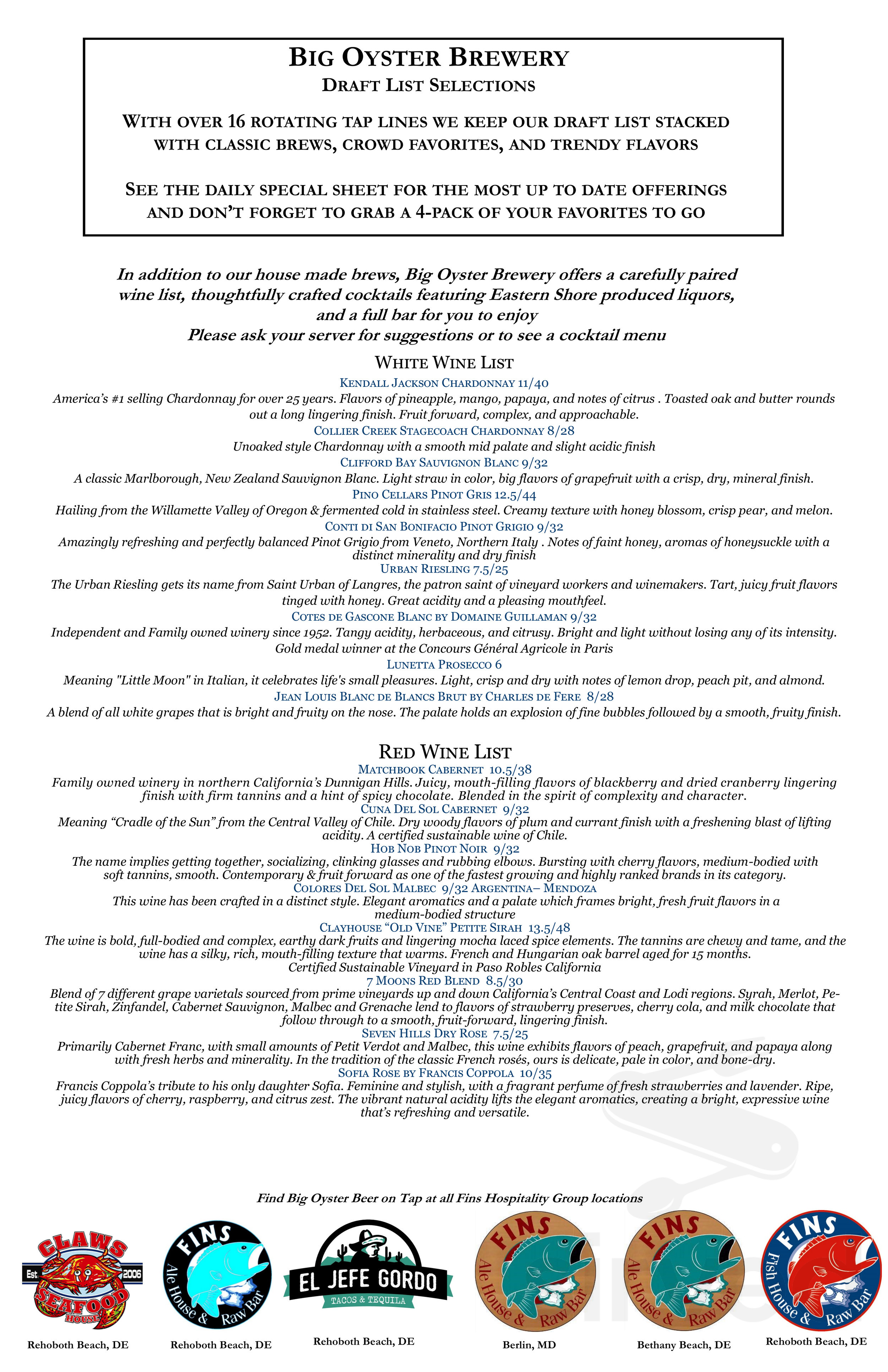 Big Oyster Brewery menu in Lewes, Delaware, USA
