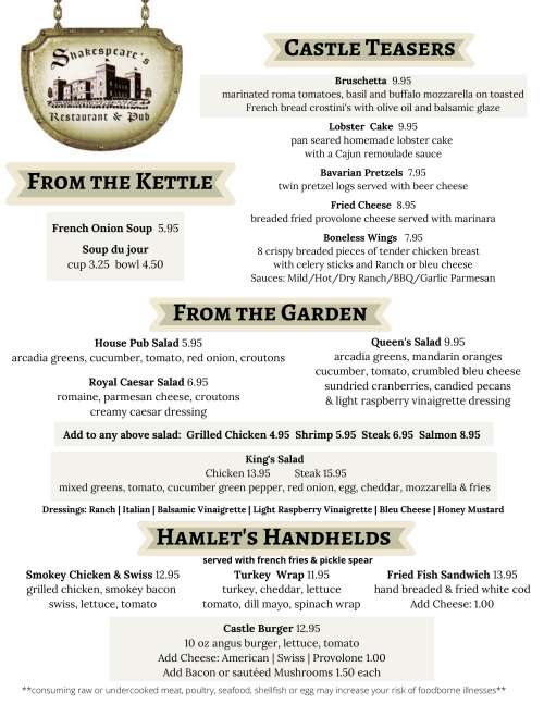 Shakespeare's Restaurant & Pub menu in Ellwood City, Pennsylvania, USA