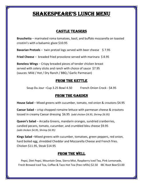 Shakespeare's Restaurant & Pub menu in Ellwood City, Pennsylvania, USA