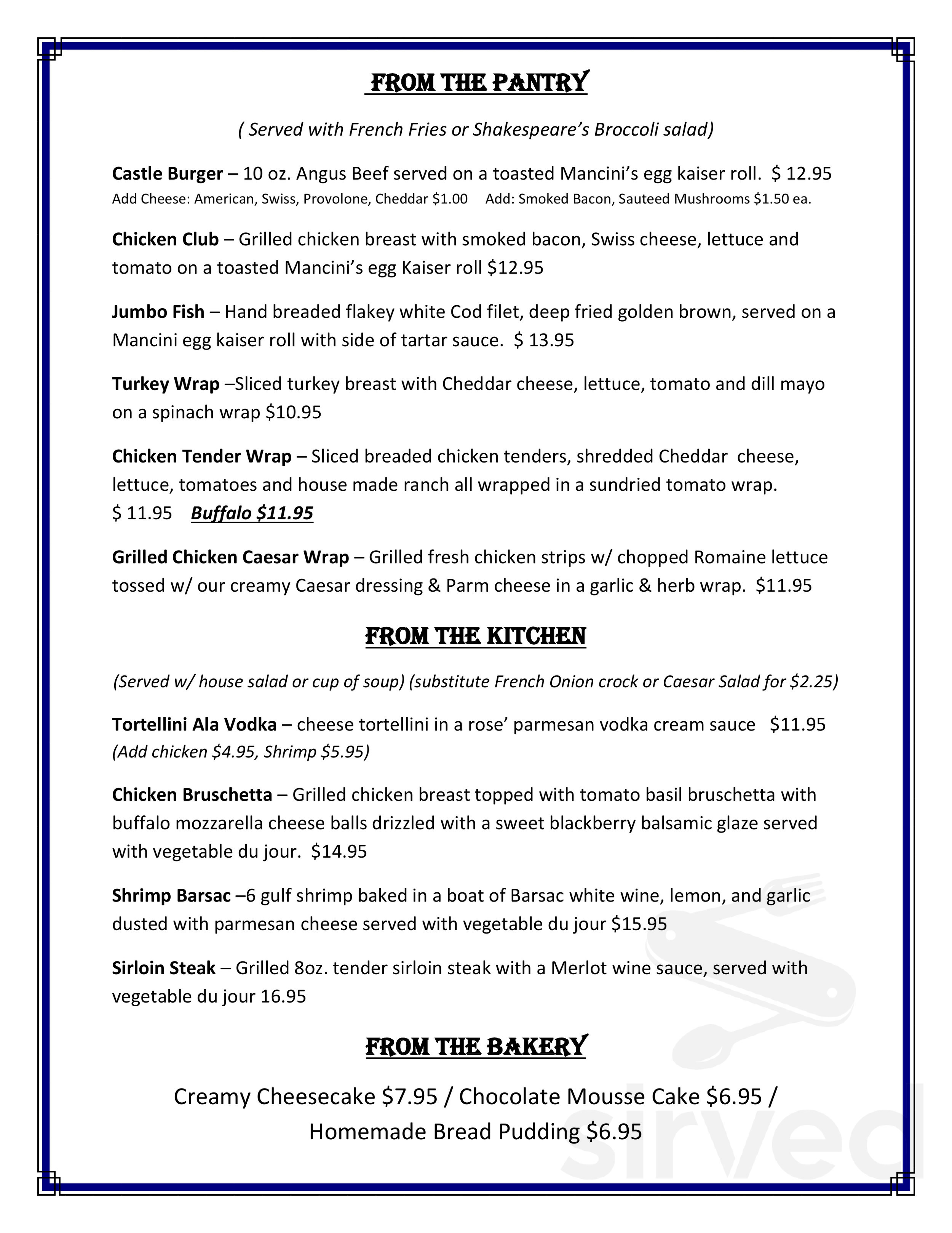 Shakespeare's Restaurant & Pub menus in Ellwood City, Pennsylvania ...