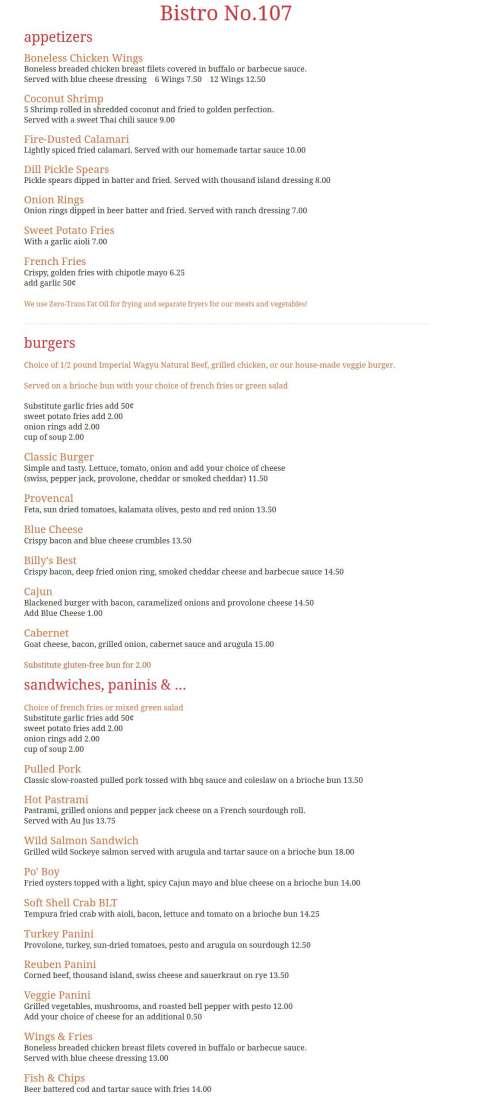 Bistro 107 menu in Mt Shasta, California, USA