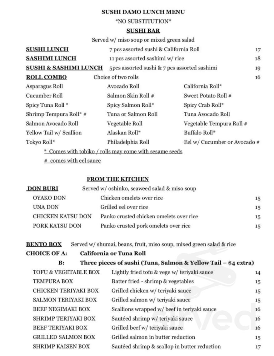 Menu - New York NY's Sushi Damo | Sirved
