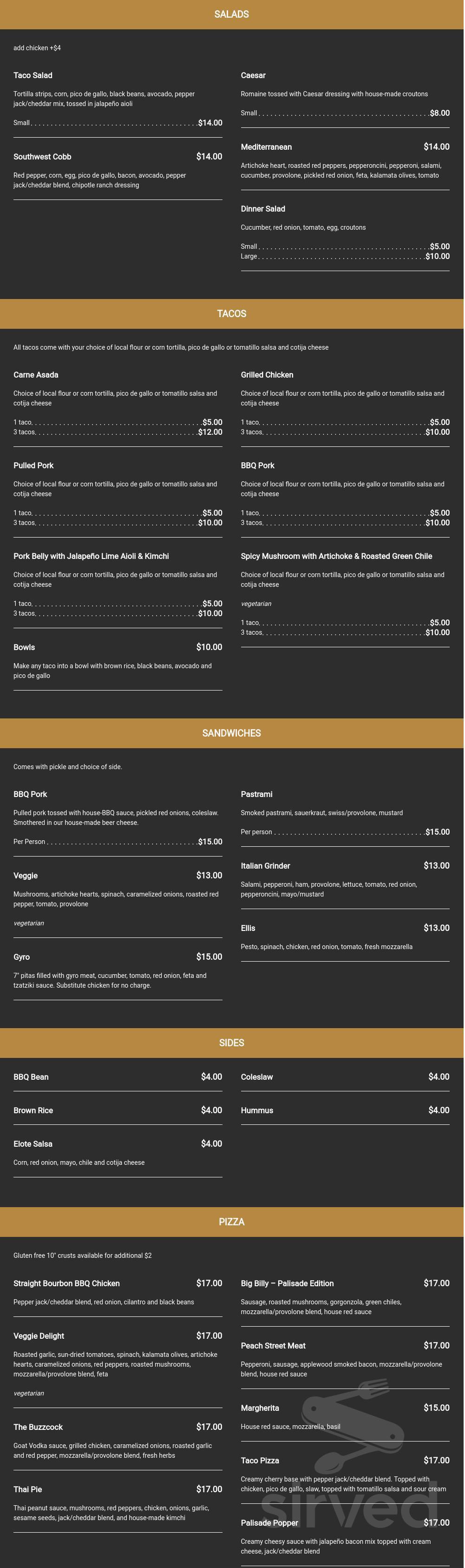 Peach Street Distillers menu in Palisade, Colorado, USA