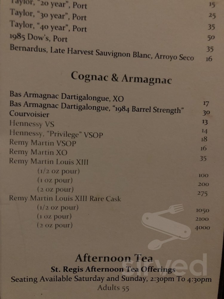 Menu for St. Regis Bar in Atlanta, GA | Sirved
