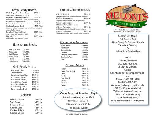 Meloni's Butcher Block menu in Blackwood, New Jersey, USA